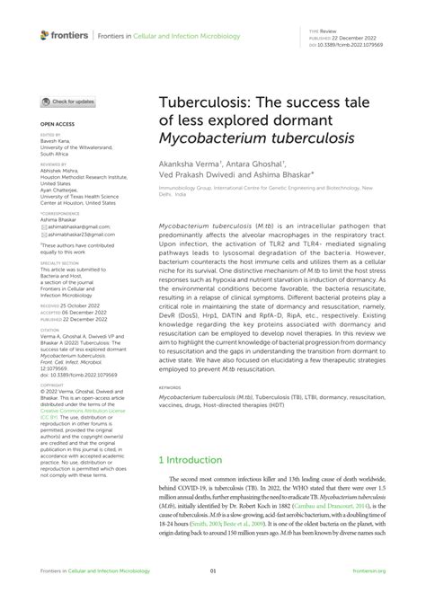 Pdf Tuberculosis The Success Tale Of Less Explored Dormant