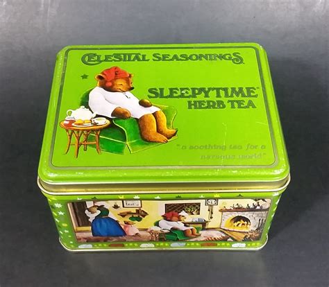 1982 Celestial Seasonings Sleepytime Herb Tea Empty Green Tin Container Celestial Seasonings