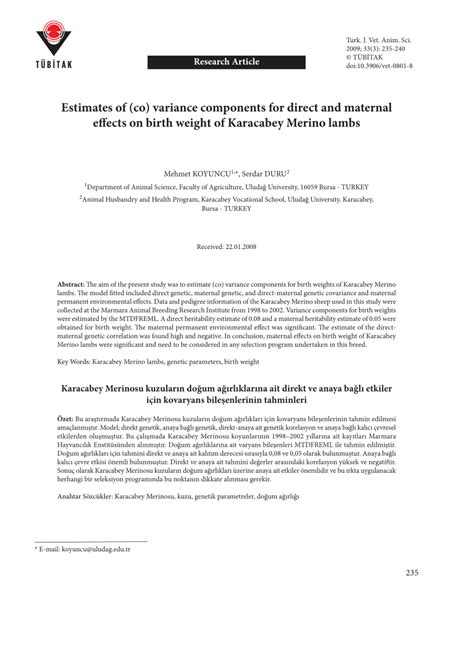 Pdf Estimates Of Co Variance Components For Direct And Maternal Effects On Birth Weight Of