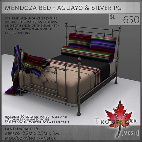 Second Life Marketplace Trompe Loeil Mendoza Bed Aguayo And Silver Frame Pg [mesh]