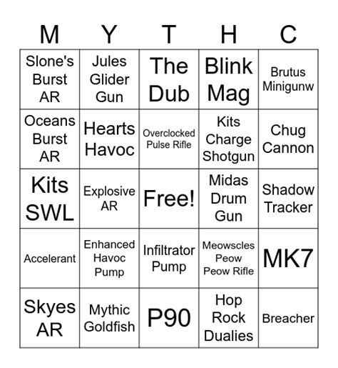 Fortnite Mythicsexotics Bingo Card