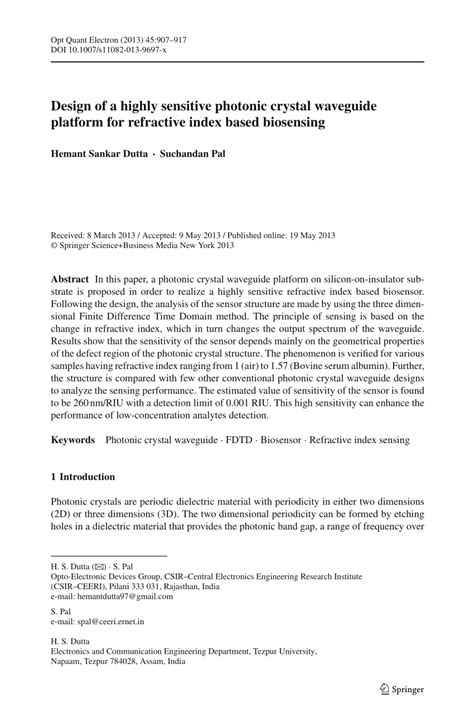 Pdf Design Of A Highly Sensitive Photonic Crystal Waveguide Platform