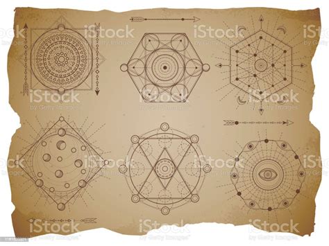 찢어진 가장자리와 오래 된 종이 배경에 신성한 기하학적 기호의 벡터 집합입니다 추상 신비한 징후 컬렉션입니다 0명에 대한 스톡