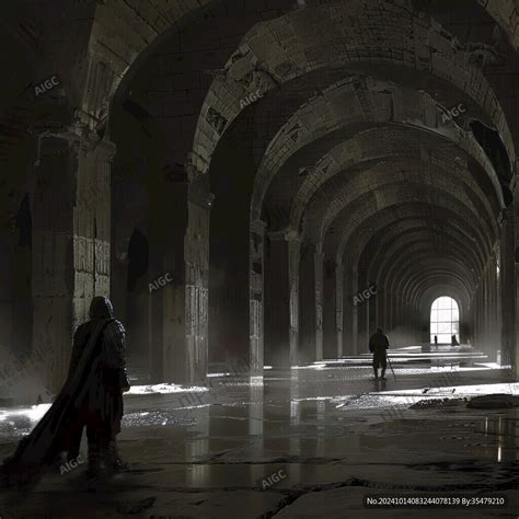 Ai创作图空间感场景 抽象概念类场景素材库 凄美萧条场景 Cg插画 神秘长廊 游戏电影插画 沧桑的回廊 游戏动漫背景 廊道尽头的人 古罗马通廊