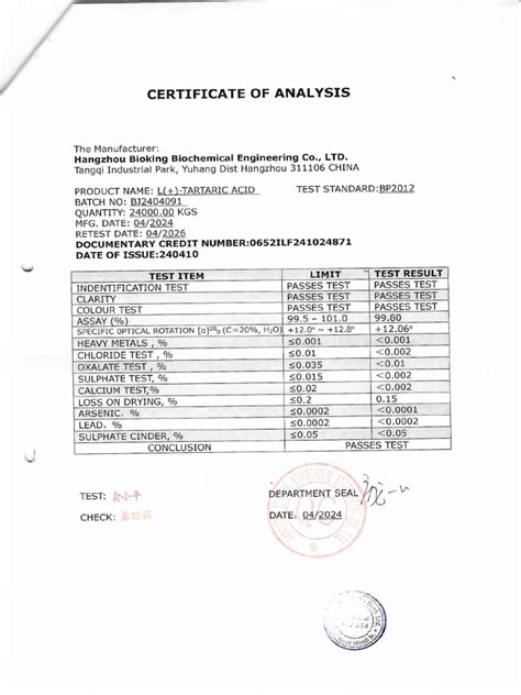Ltartaric Acid Coa Pdf