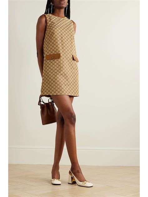 Abito Mini In Tela Jacquard Di Misto Cotone Con Finiture In Pelle Gucci