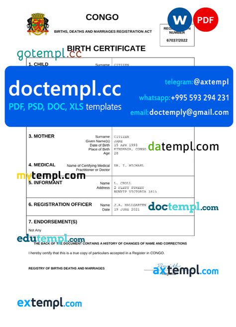 Congo Vital Record Birth Certificate Word And Pdf Template Completely Editable