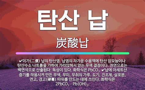 🌟탄산 납 이가二價 납의 탄산염 납염의 차가운 수용액에 탄산 암모늄이나 탄산수소 나트륨을 가하여 가 표준국어대사전