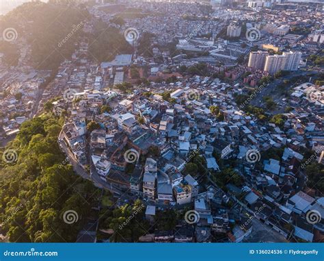 Rio De Janeiro City Aerial View Favelas Hills Sunset Backlight Stock