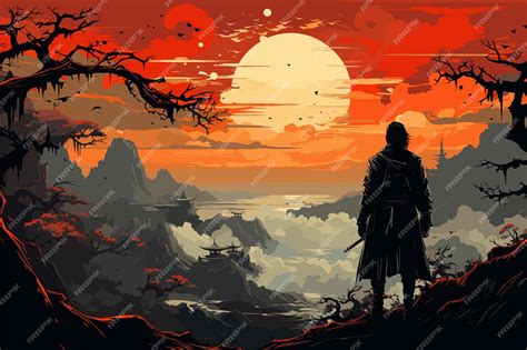 Premium Vector Cool Ninja Silhouettes Sunset Samurai Red Moon Night