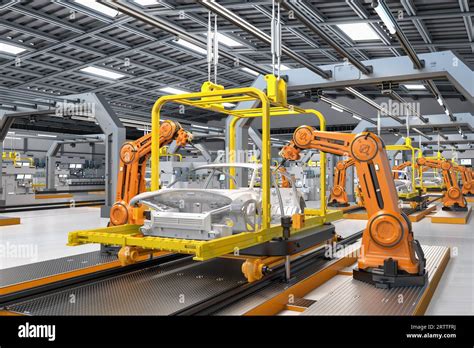 Automation Automobile Factory With 3d Rendering Robot Assembly Line Manufacture Ev Car Stock
