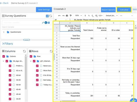 filters columns and rows surviewer