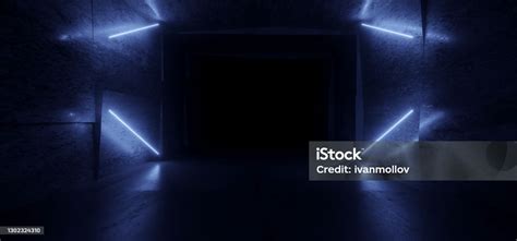 블루 공상 과학 네온 빛나는 현대 미래 레이저 전기 사이버 조명 터널 격납고 복도 콘크리트 시멘트 복도 어두운 우주선 아스팔트 3d 렌더링 0명에 대한 스톡 사진 및 기타