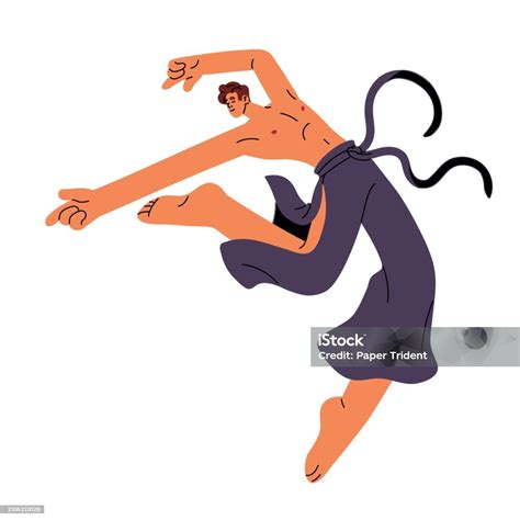 전문 연주자가 점프하고 음악에 맞춰 움직입니다 재능있는 댄서 훈련 동작 수업에서 보여줍니다 젊은 남자가 현대 무용 콘서트에서 공연합니다 흰색 배경에 평평한 고립 된 벡터