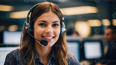 A Woman Wearing A Headset In A Call Center Stock Photo At Vecteezy