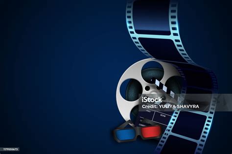 영화 디자인에 대한 샘플 텍스트가있는 영화 포스터 템플릿 필름 릴 3d 시네마 안경 클래퍼 보드 및 파란색 배경에 격리 된 트위스트 시네마 테이프 시네마토그래피 개념 벡터
