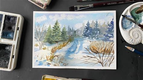 Рисуем зимний пейзаж поэтапно ️ Ели сугробы замерзшая река Арт