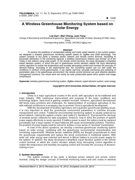 A Wireless Greenhouse Monitoring System Based On Solar Energy Pdf