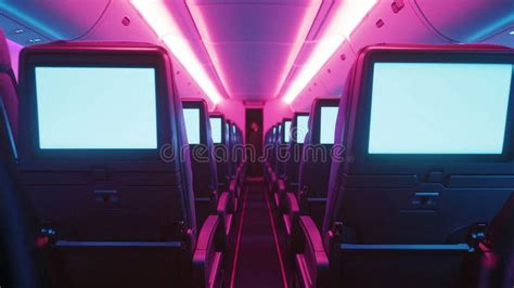 Empty Airplane Cabin Illuminated With Pink And Blue Ambient Light