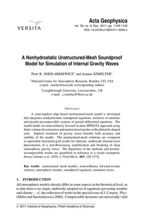 Pdf A Nonhydrostatic Unstructured Mesh Soundproof Model For Simulation Of Internal Gravity Waves