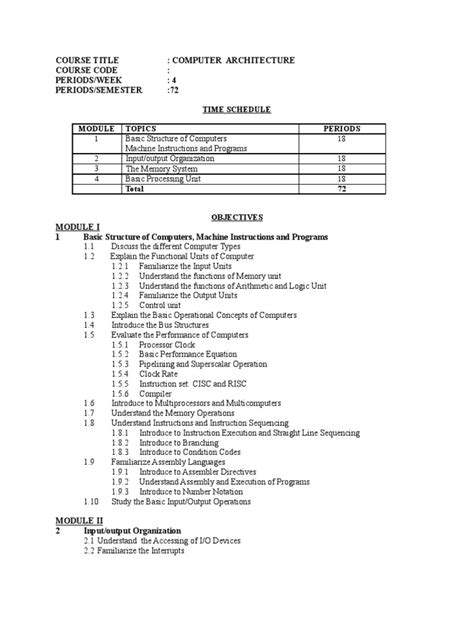 course title computer architecture course code periods week 4