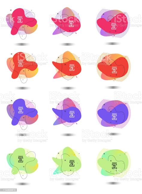 현대 추상적 인 유행 벡터 배너 기장 세트 다양 한 색상의 평평한 기하학적 액체 모양 현대 벡터 템플릿 로고 전단지 또는 프리