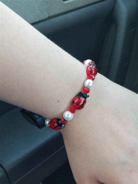 Lady Bug Love Bug Valentines Day Bracelet With Red And White Pearl Beads Etsy