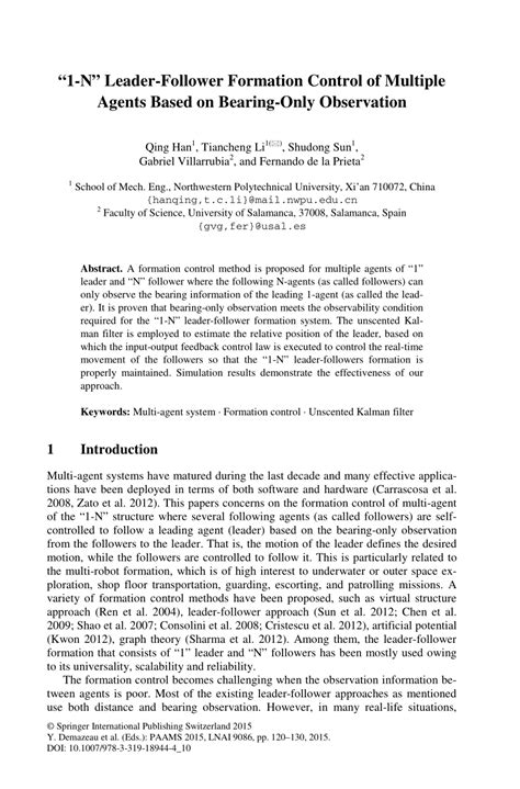 PDF N Leader Follower Formation Control Of Multiple Agents Based On Bearing Only Observation