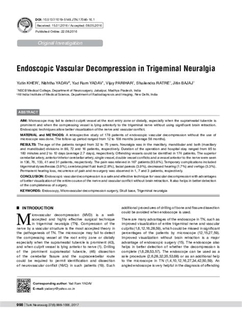 Pdf Endoscopic Vascular Decompression In Trigeminal Neuralgia