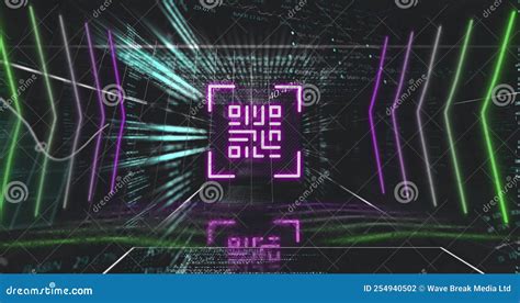 Image Of Pink Qr Code Neon Lights And Data Processing On Black