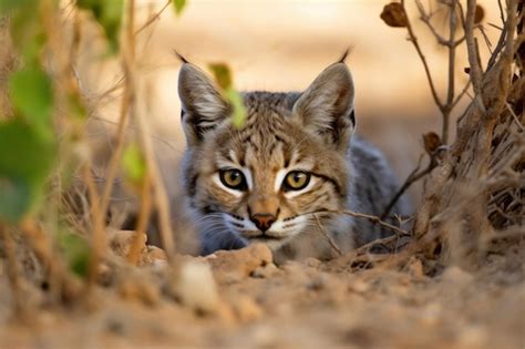 Premium Ai Image Hidden Predator Bobcat Amidst Dry Desert Flora
