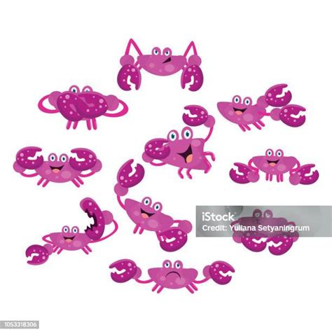 다양 한 포즈에 귀 엽 고 사랑 스러운 보라색 게 만화 캐릭터 게에 대한 스톡 벡터 아트 및 기타 이미지 게 귀여운 갈고리 발톱 Istock