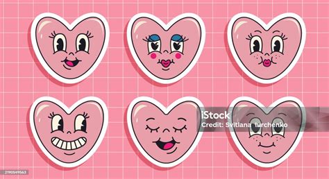 그루비 하트 스티커 세트 얼굴이 있는 분홍색 하트 트렌디한 레트로 스타일의 재미있는 캐릭터 귀여운 이모티콘 해피 발렌타인 데이 분홍색 배경에 벡터 그림 강렬하고 밝은 색상에