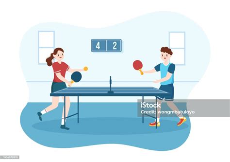 라켓과 탁구 스포츠를하는 사람들 플랫 만화 손으로 그린 템플릿 일러스트레이션에서 탁구 게임 경기의 공 건강한 생활방식에 대한 스톡 벡터 아트 및 기타 이미지 Istock