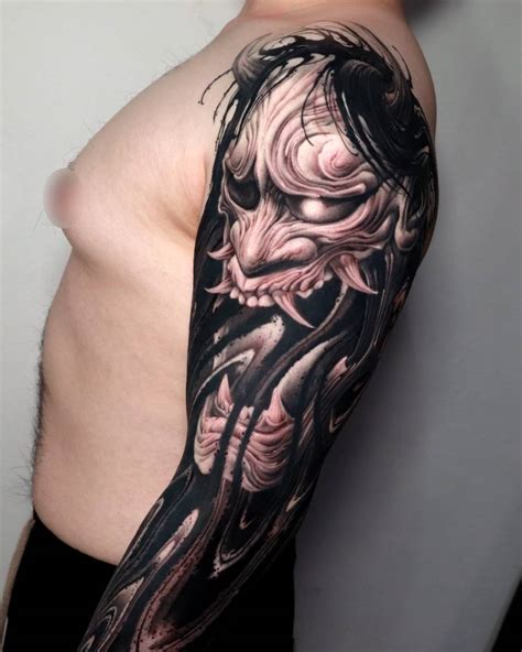 Hannya Mask Sleeve Tattoo Done In Black And Grey