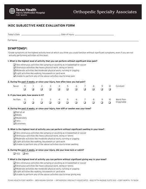 Ikdc Subjective Knee Evaluation Form Texas Health Orthopedic