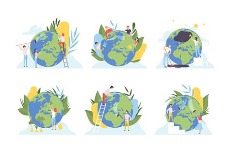 청소 도구 세트로 지구를 청소하는 사람들 자연과 생태를 돌보는 자원 봉사자 지구의 날 개념 만화 벡터 그림 개념에 대한 스톡