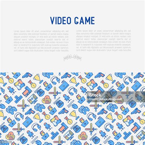 얇은 선 아이콘 비디오 게임 개념 게이머 컴퓨터 게임 Pc 헤드셋 마우스 게임 컨트롤러 현대 벡터 일러스트 레이 션 배너 웹 페이지 인쇄 미디어 Lorem Ipsum에 대한