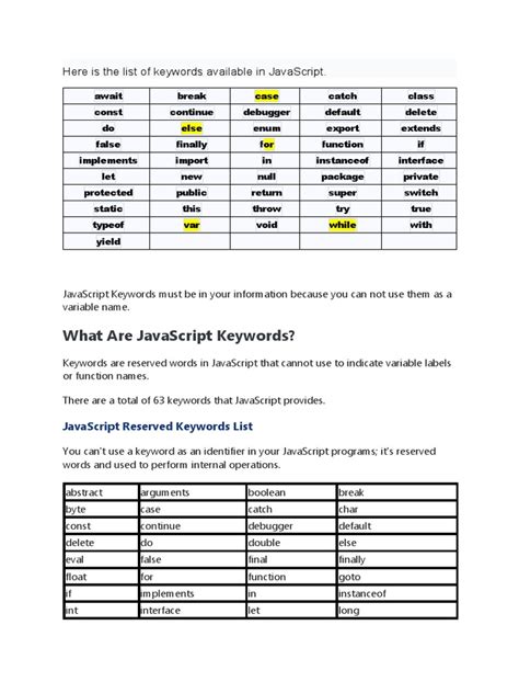 Keywords Available In Javascript Pdf