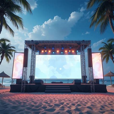 Outdoor Concert Stage On Sandy Beach With Palm Trees And Sky Stock