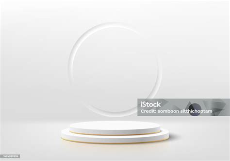 3d 현실적인 흰색 실린더 받침대 연단 배경에 엠보싱 원형 링 질감이 벽에 있습니다 벽 최소 장면 모형 제품 무대 쇼케이스 배너