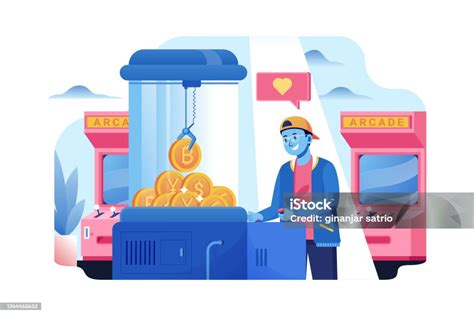 아케이드 클로 머신 게임 일러스트 개념에서 비트 코인 동전을 가져옵니다 동전에 대한 스톡 벡터 아트 및 기타 이미지 동전 쥠 Brand Name Video Game