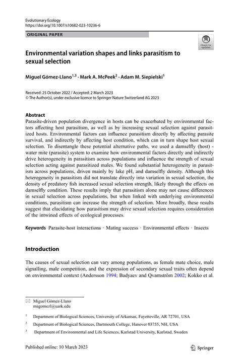 Pdf Environmental Variation Shapes And Links Parasitism To Sexual Selection