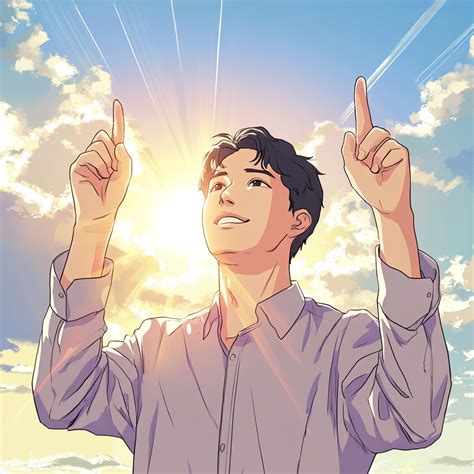 하늘을 배경으로 검지손가락 두 개를 위로 찌르는 동작을 하는 한국인 밝고 활기찬 분위기 손가락 끝에서 빛이 나는 효과 맑은 하늘과 구름이 있는 배경 캐주얼한 옷차림