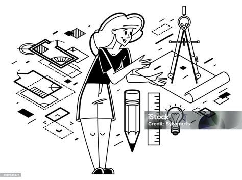 프로젝트에서 작업하는 건설 엔지니어 건물 건축 디자이너 벡터 개요 트렌디한 그림 작업 라인 드로잉에 전문가 직업 건축업자 건축가 3차원 형태에 대한 스톡 벡터 아트 및 기타