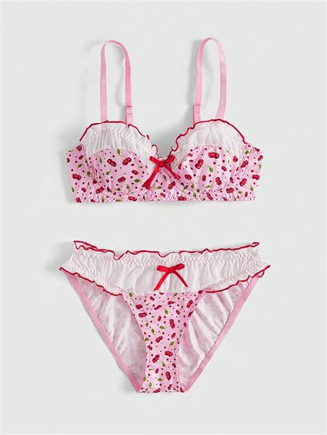 Romwe Kawaii Sweet Cherry Printed Wireless Bra And Panties Set Rural Style Shein Usa