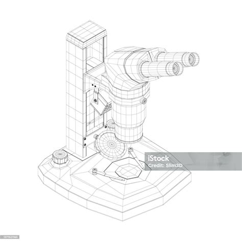 흰색 배경에 고립 된 검은 선으로 만든 현미경의 와이어 프레임 데스크탑 현미경 등등 측정 보기 3d 벡터 일러스트레이션 로우 폴리곤 모델링에 대한 스톡 벡터 아트 및 기타