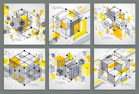 Premium Vector Isometric Abstract Yellow Backgrounds Set With Linear Dimensional Cube Shapes