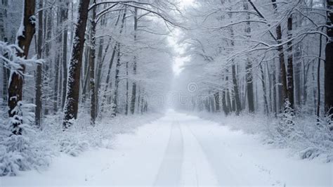 Snowy Forest Road Winter Wonderland Path Tree Lined Stock Illustration Illustration Of