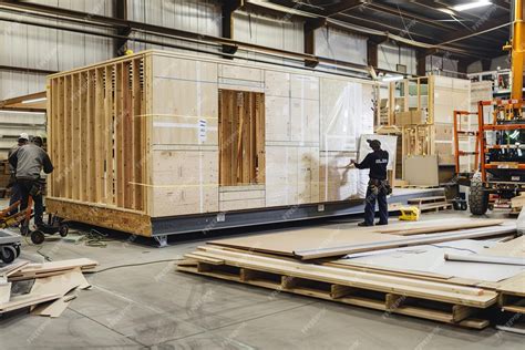 Workers Assembling Modular Home Panels Precise Measurements Industrial Machinery In Spacious